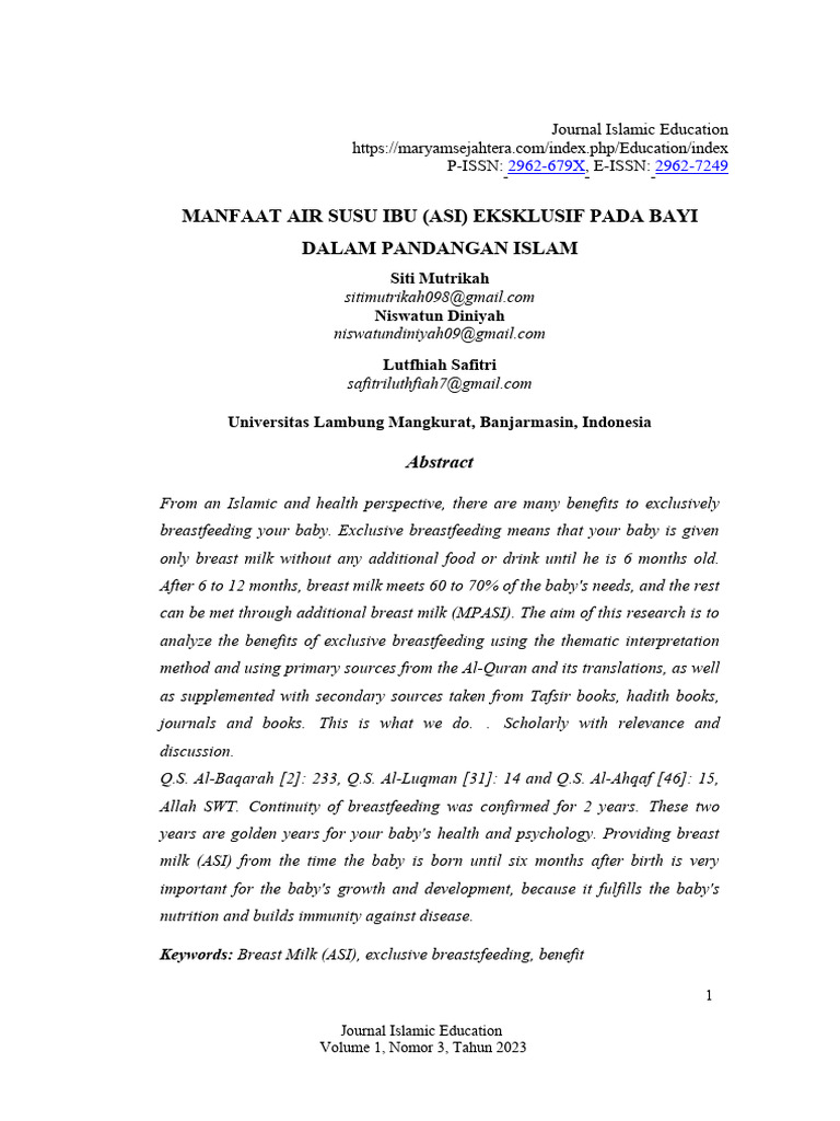 Artike Agama MANFAAT AIR SUSU IBU (ASI) EKSKLUSIF PADA BAYI DALAM ...