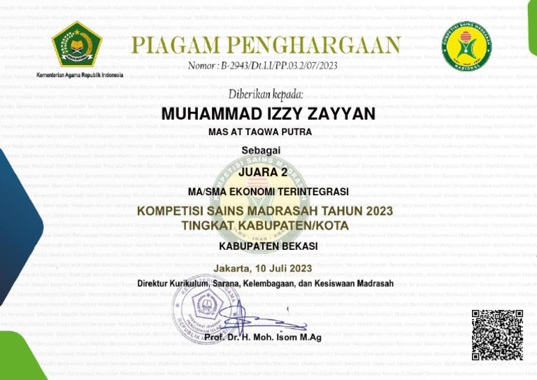Piagam Muhammad Izzy Zayyan | PDF