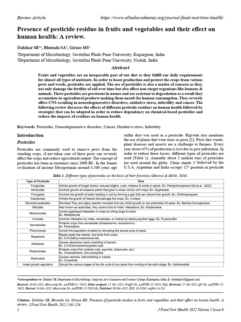 Presence of Pesticide Residue in Fruits and Vegetables and Their Effect On Human Health A Review ...