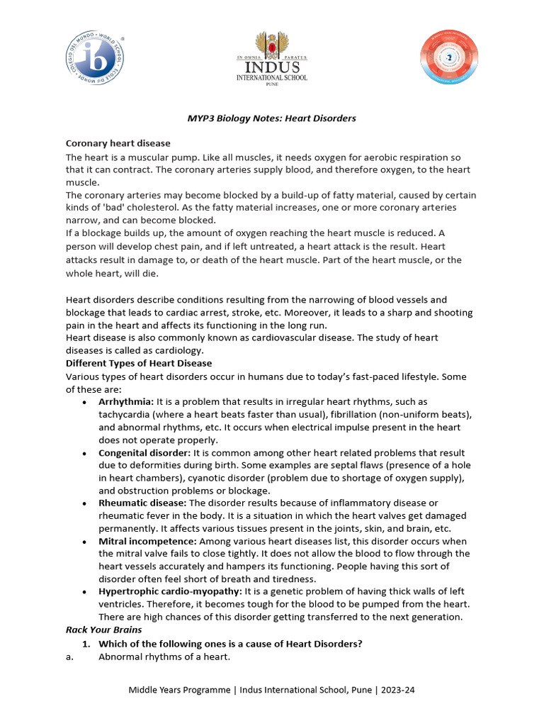 Biology - MYP 3 - 31st August | PDF | Heart | Cardiology