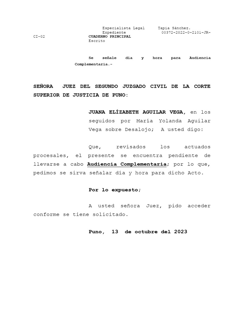 Solicitud de Audiencia Complementaria en Caso de Desalojo | PDF