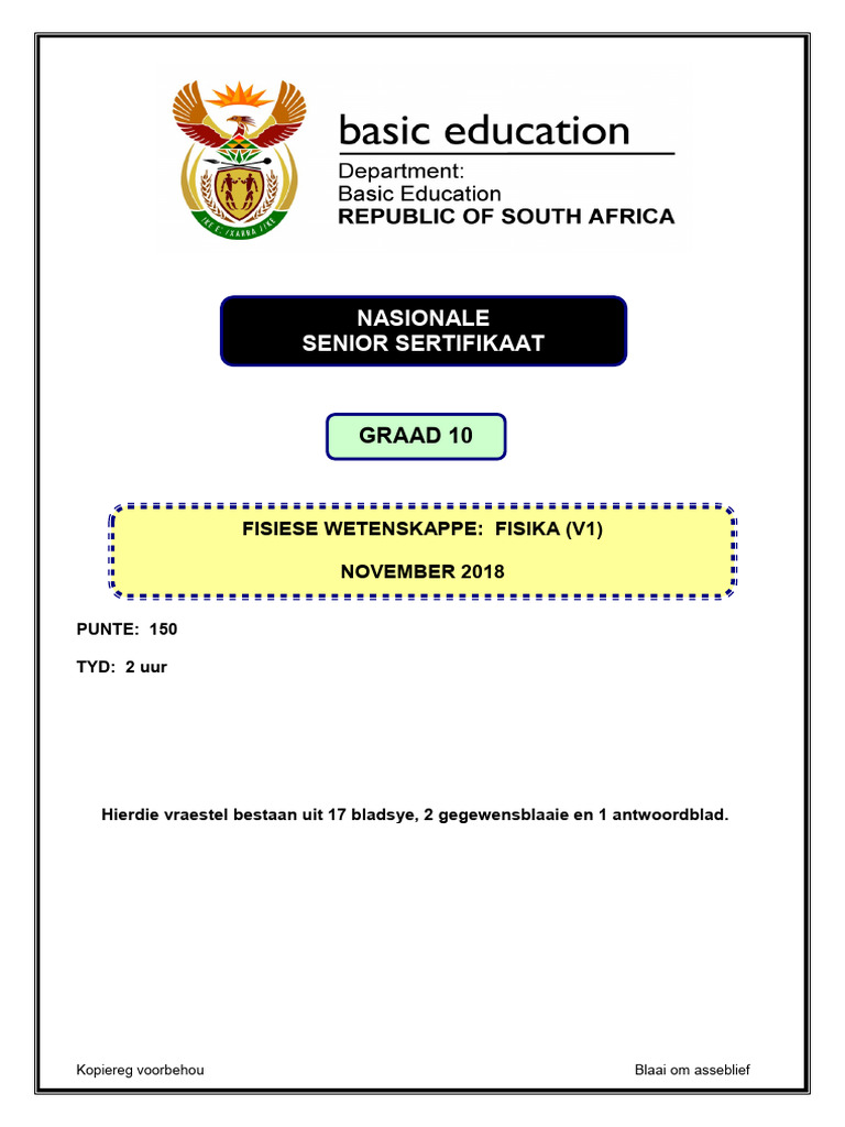 Physical Sciences P1 Grade 10 Nov 2018 Afr | PDF