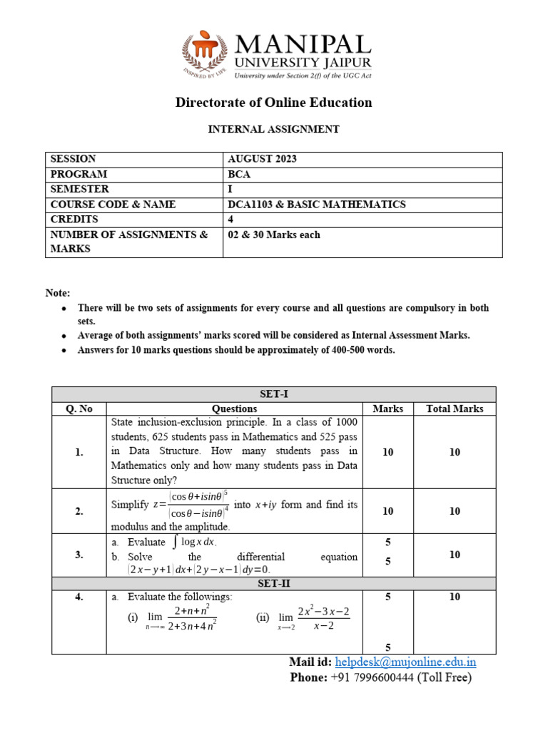 Assignment - DCA1103 - BCA - 1 - Set1 and 2 - August 2023 | PDF | Mathematics