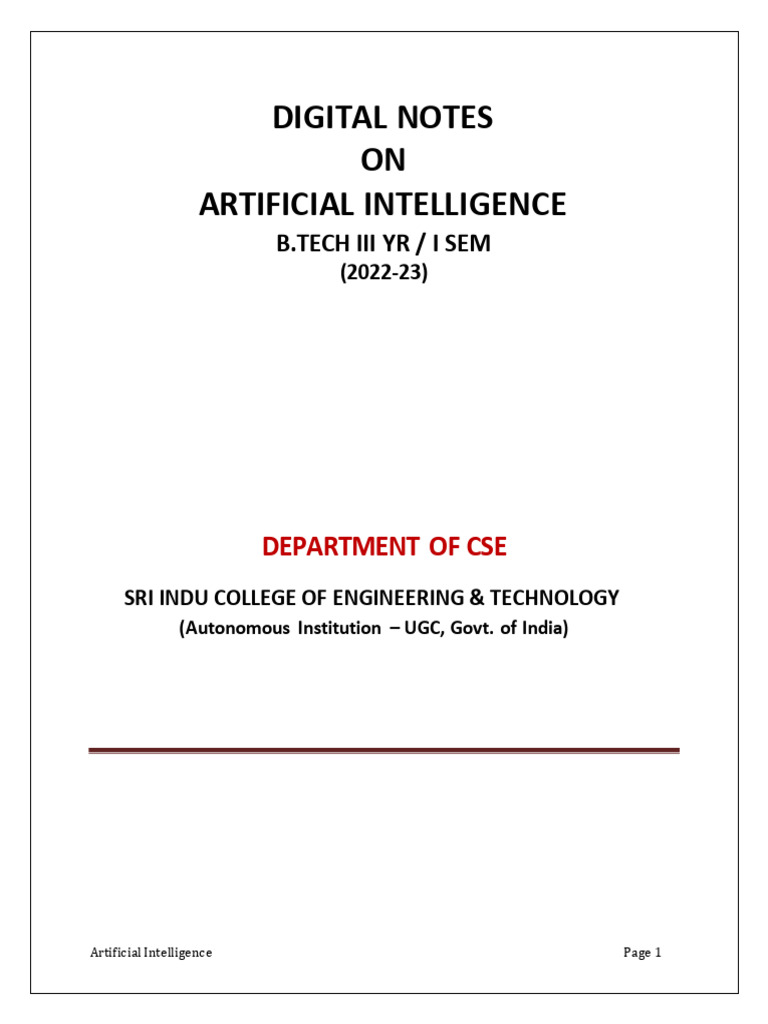 R20CSE3122 Artificial Intelligence | PDF | Artificial Intelligence | Intelligence (AI) & Semantics