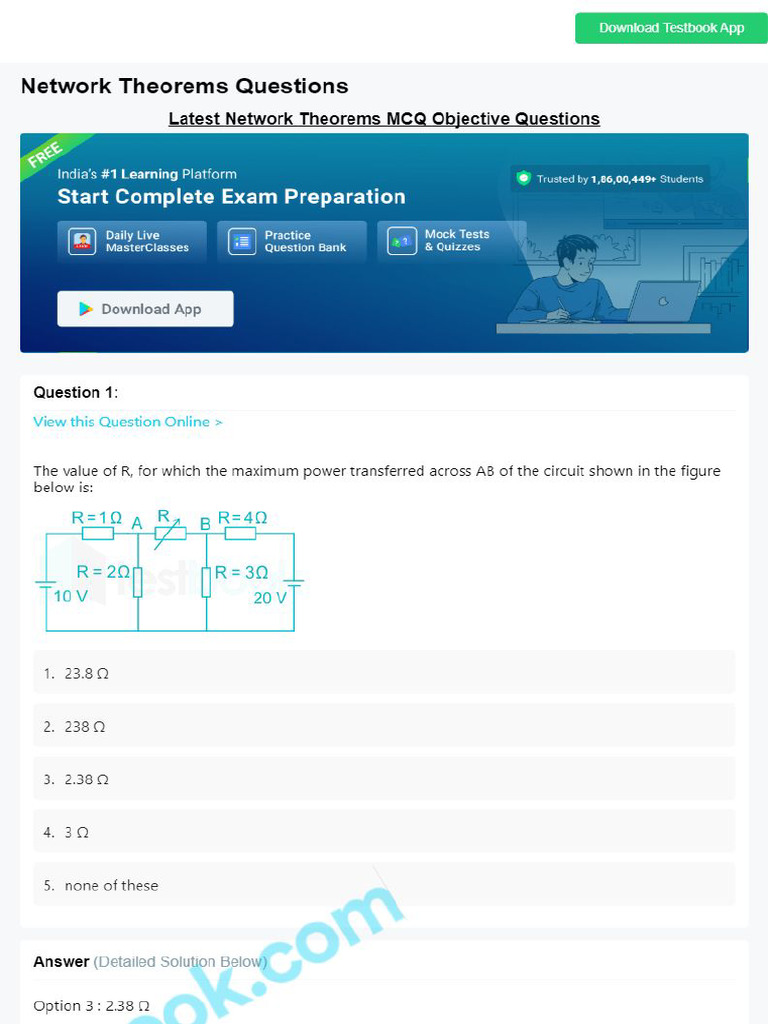 MCQ On Network Theorems 5eea6a0e39140f30f369e588 | PDF