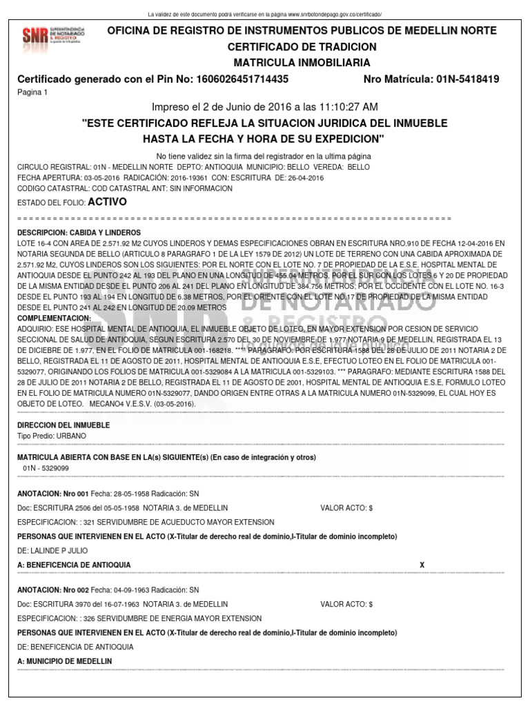 7folio de Matricula Lote de Mayor Extension 01N 5418419 | PDF ...