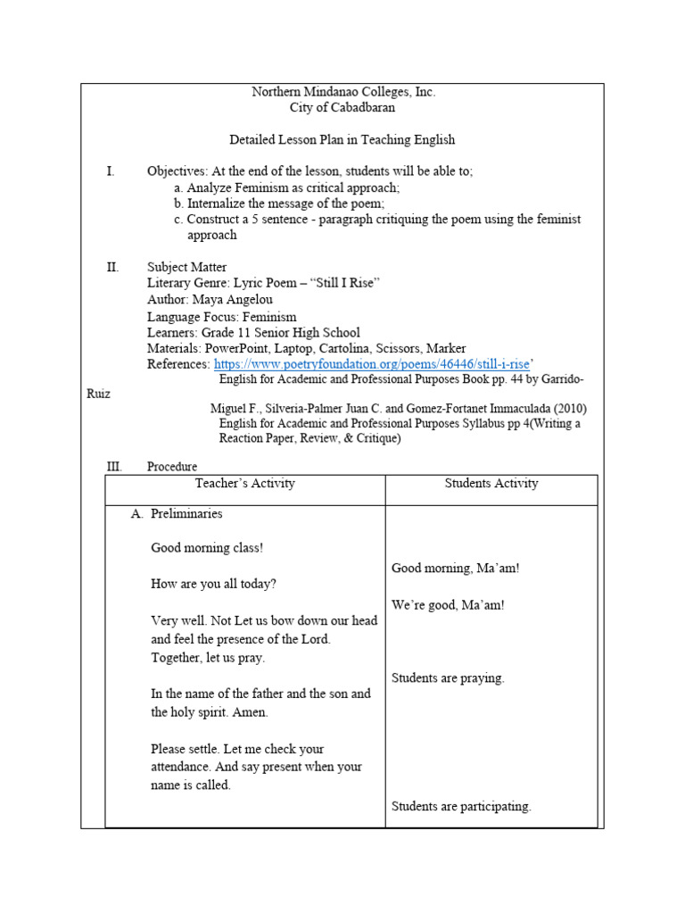 Feminist Analysis of "Still I Rise" Lesson Plan | PDF | Feminism ...