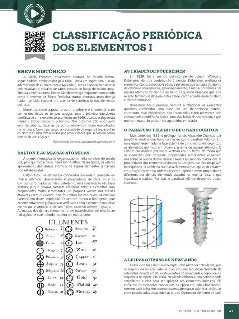 CLASSIFICAÇÃO PERIÓDICA DOS ELEMENTOS I | PDF | Tabela periódica | Química