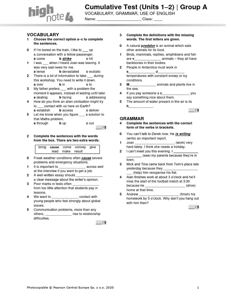 HighNote4 U1-2 Cumulative Test A | PDF