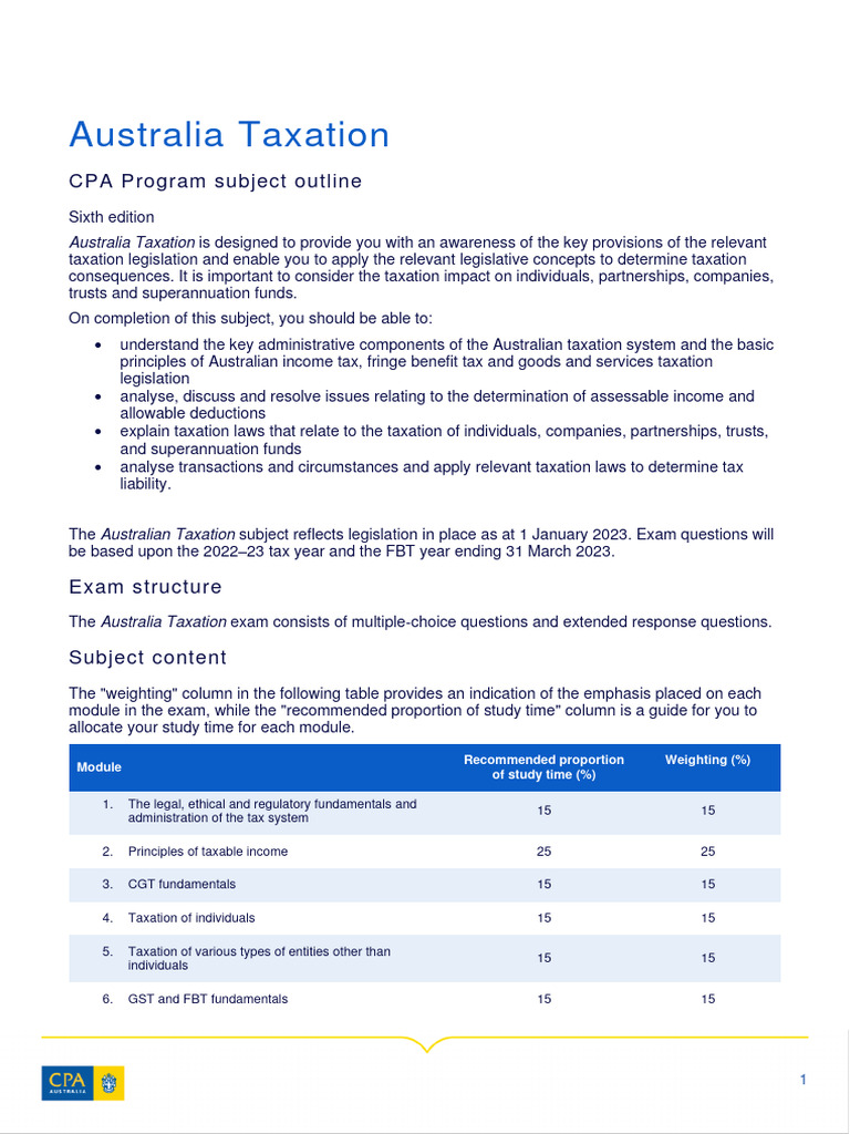 CPA Australia Taxation Subject Outline | PDF | Taxes | Government Finances