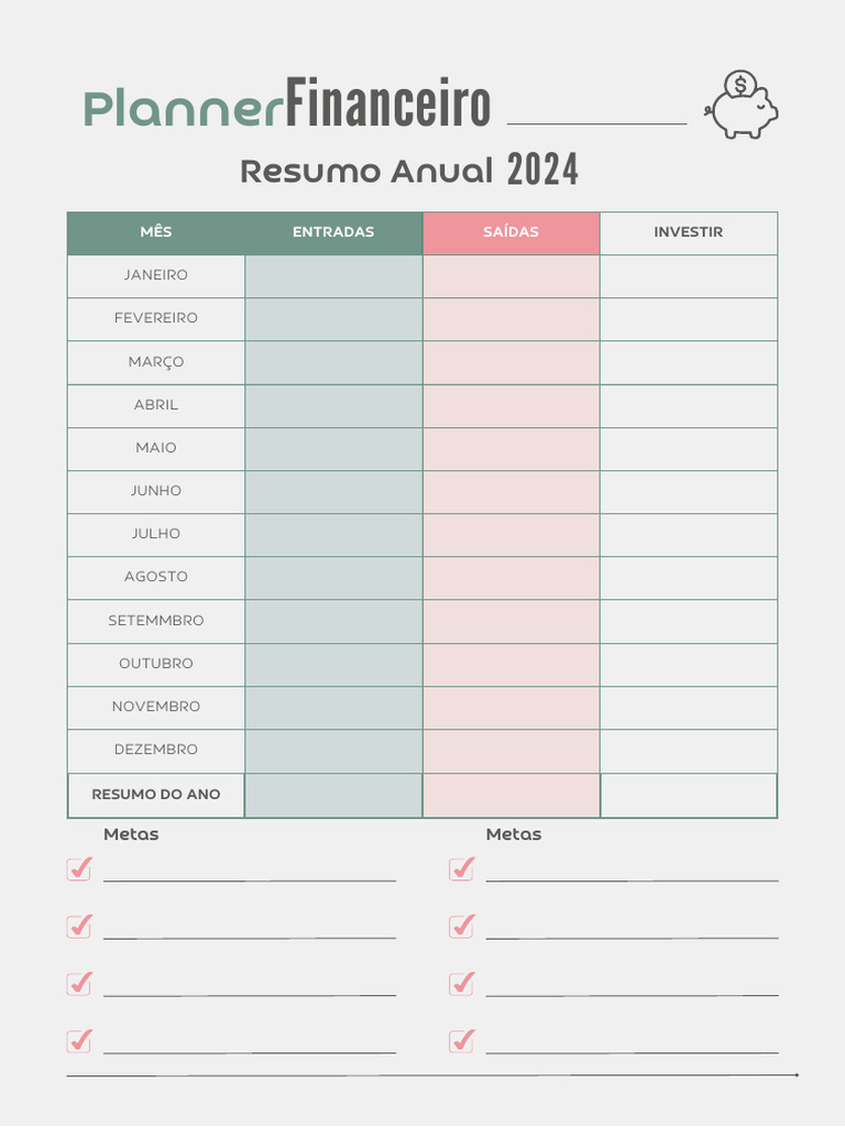 Planner Financeiro Anual Simples Rosa e Verde Documento A4 | PDF | Negócios