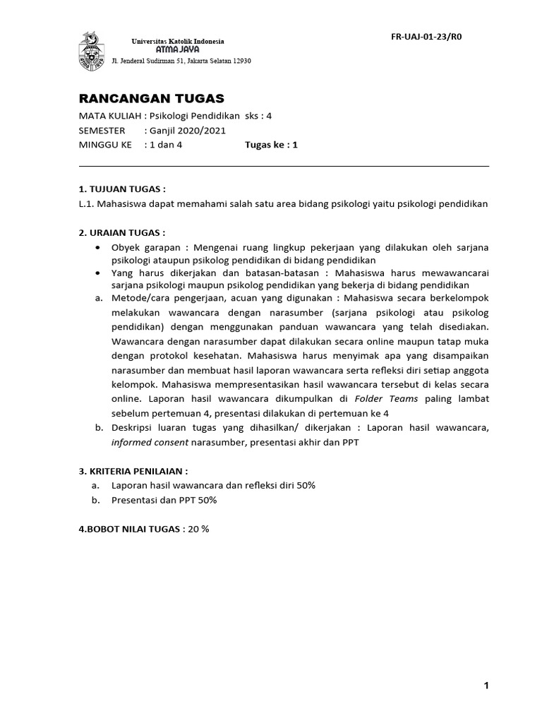 Rancangan - Tugas 1 Dan 2 Psi Pendidikan 2020-2021 | PDF