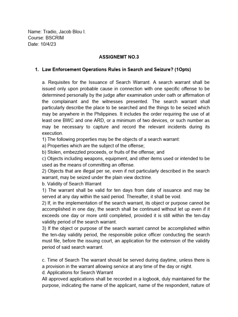 Lea Assignment No.3 | PDF | Search Warrant | Search And Seizure