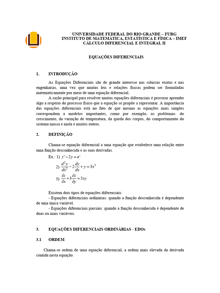 Equações Diferenciais - 1 - Cálculo Ii | PDF | Equação diferencial ...