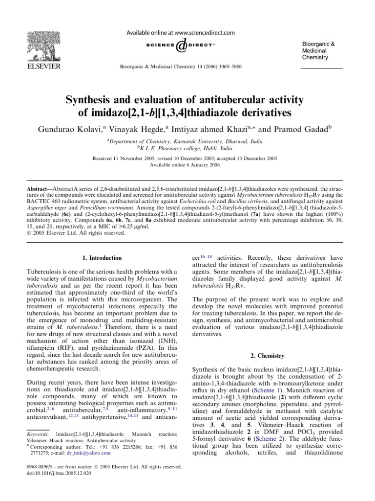 Kolavi2006 Synthesis and Evaluation of Antitubercular Activity | PDF | Proton Nuclear Magnetic ...