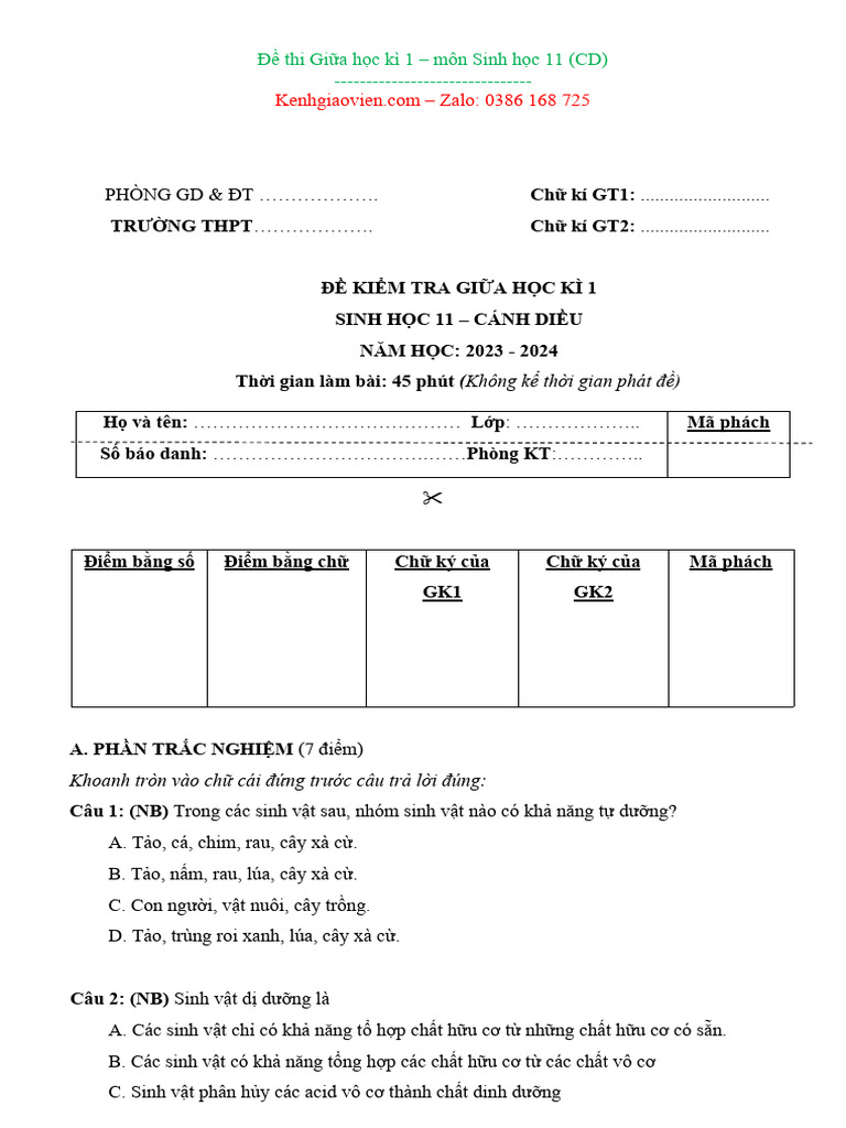 Ghk1 Sinh 11 de So 2 CD | PDF