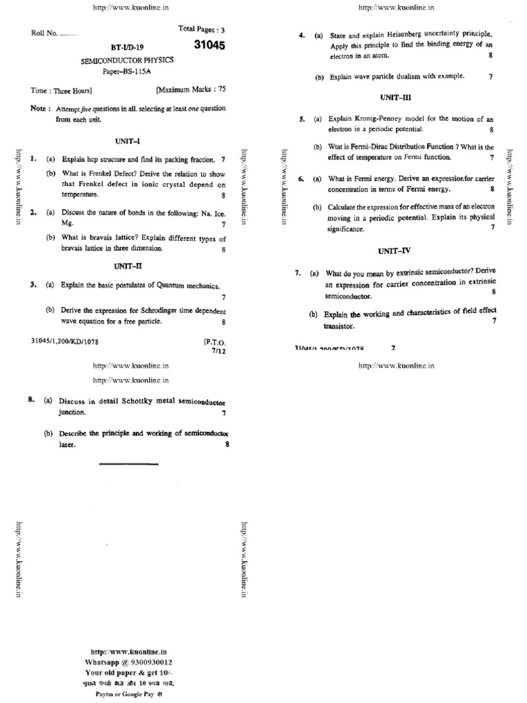Btech 1 Sem Semiconductor Physics 31045 Dec 2019 | PDF Btech 1 Sem Semiconductor Physics 31045 Dec 2019 | PDF