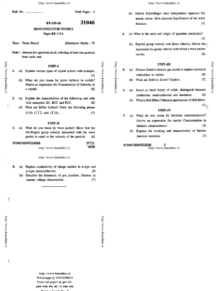 Btech 1 Sem Semiconductor Physics 31046 Dec 2018 | PDF