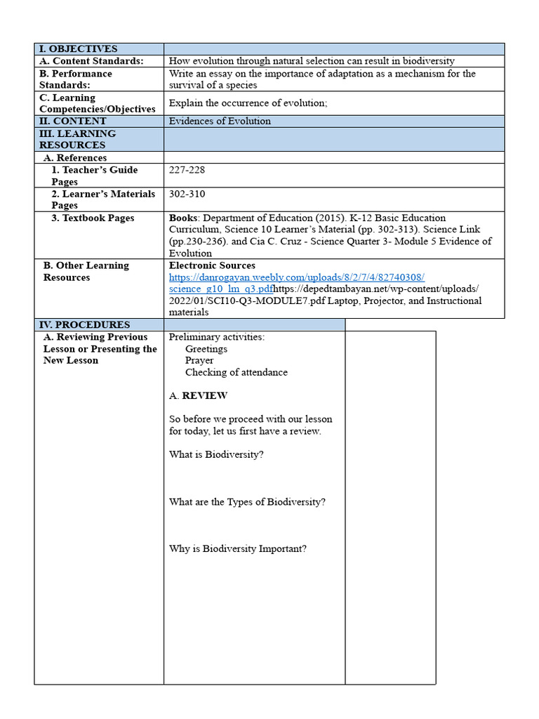 Final Demo Lesson Plan Edited 2 | PDF | Evolution | Fossil