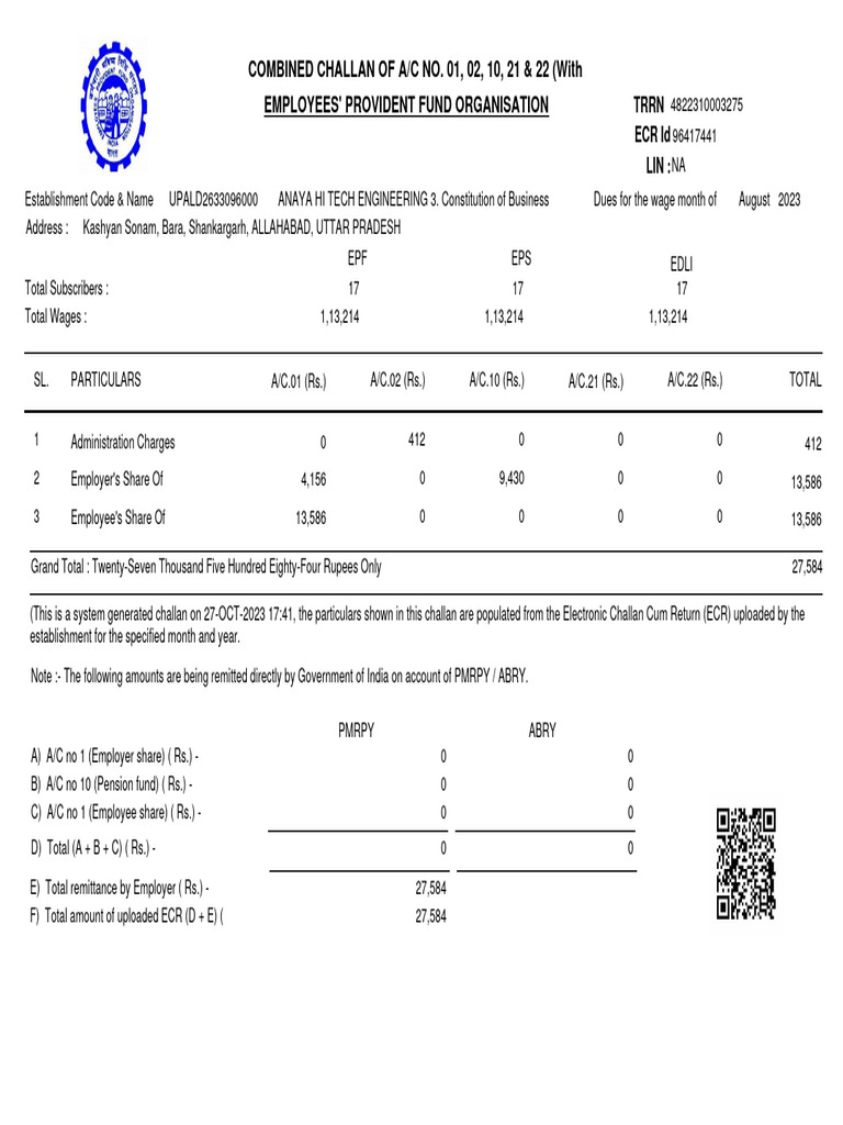 EPF Combined Challan - Aug-2023 | PDF | Employee Relations | Employment ...