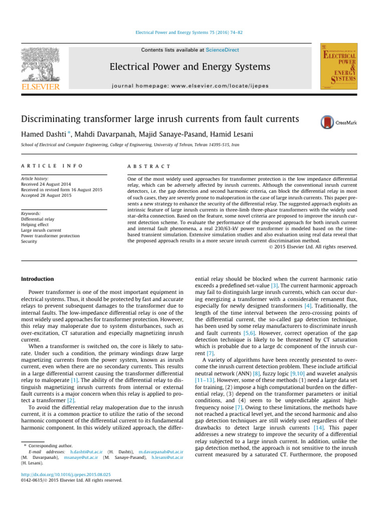 Discriminating Large Inrush Currents Due To Fault Currents | PDF | Transformer | Relay