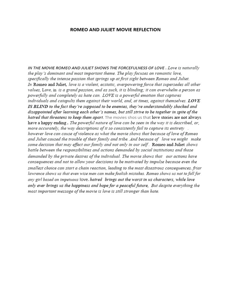 Romeo and Juliet Movie Reflection | PDF