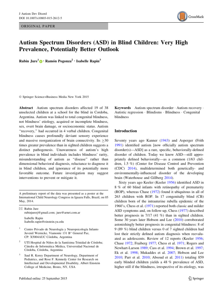 Autism Spectrum Disorders (ASD) in Blind Children Very High | PDF ...