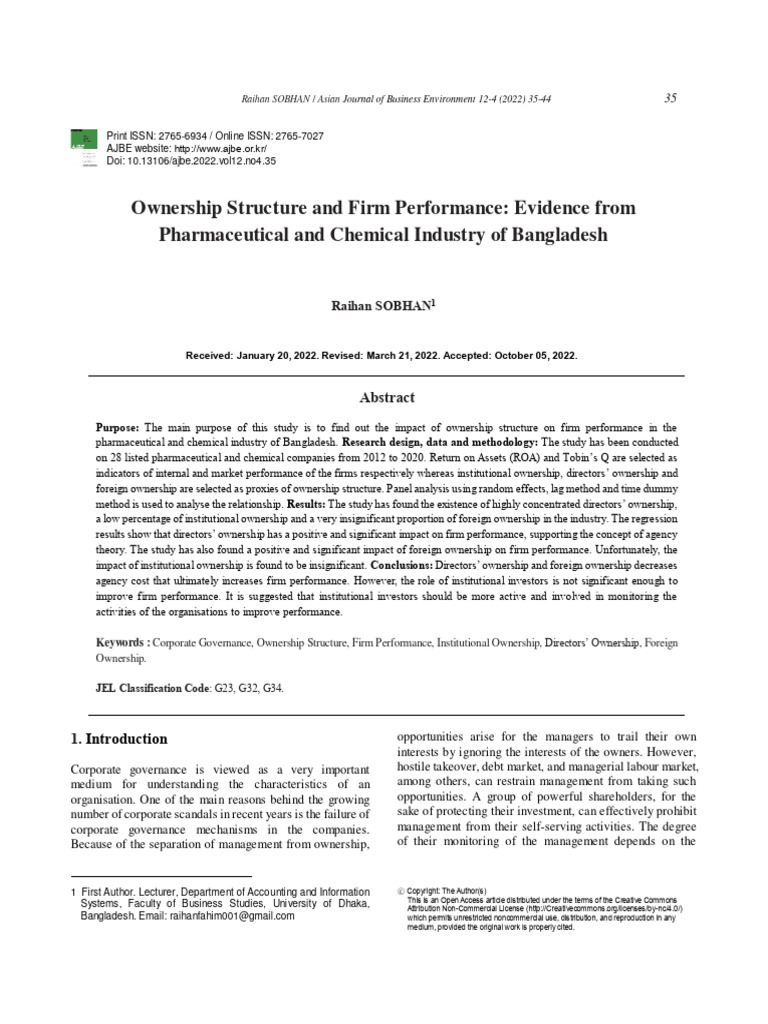 Ownership Structure and Firm Performance - Evidence From Pharmaceutical and Chemical Industry of ...