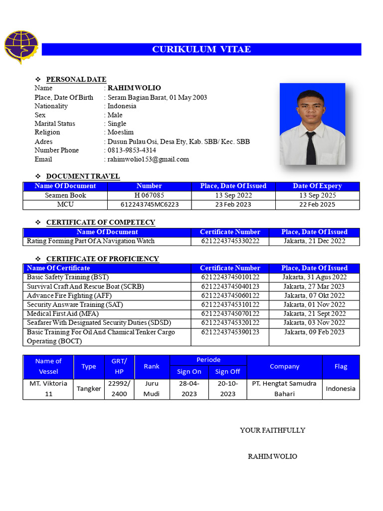 CV RAHIM WOLIo | PDF | Navigation | Ship Types
