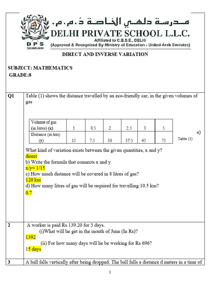 Direct and Inverse Proportion Worksheet G8 | PDF | Gases | Shadow