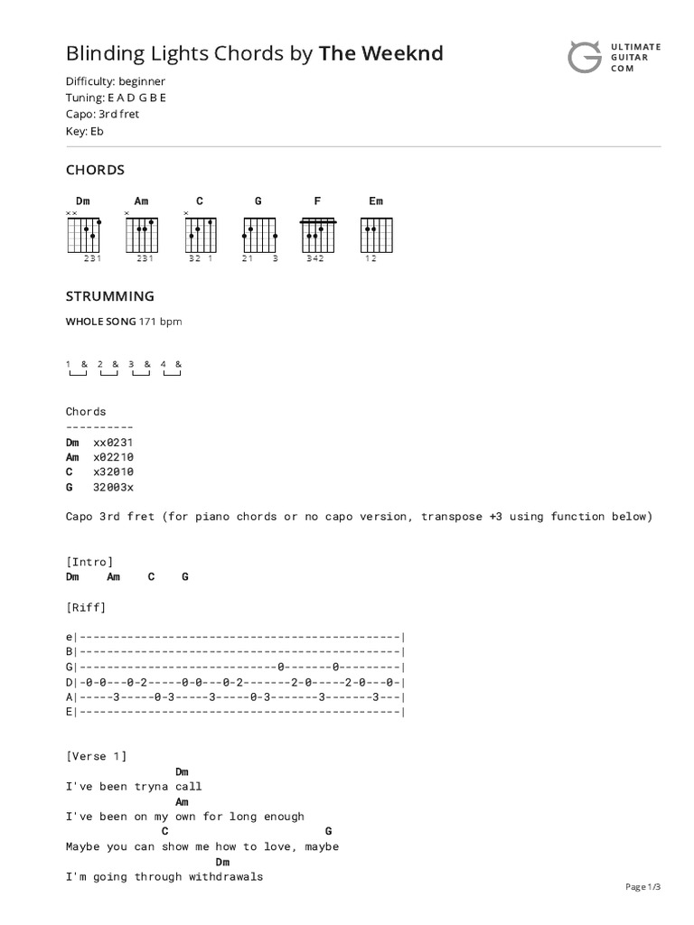 Blinding Lights Chords by The Weekndtabs at Ultimate Guitar Archive ...