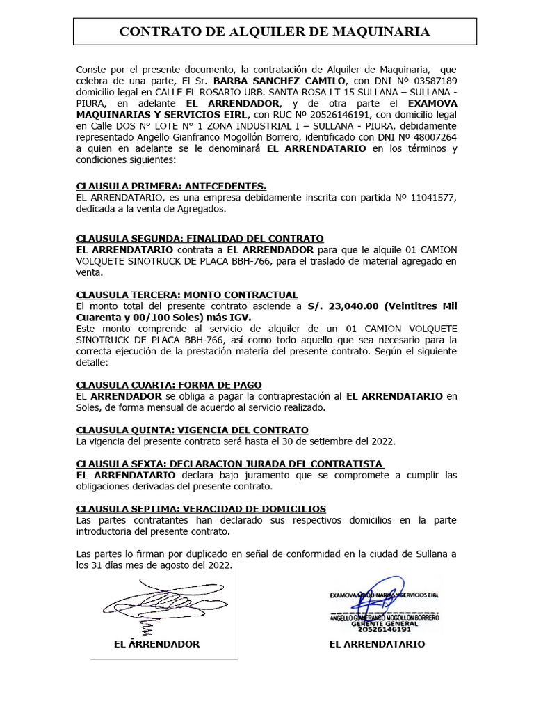 Contrato de Arrend Volquete Camilo | PDF | Finanzas y dinero