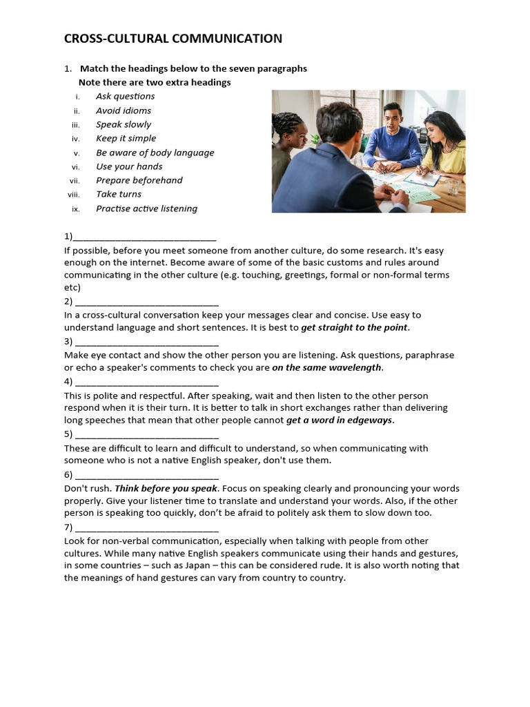 Ielts Match Headings Communication Reading Reading Comprehension ...