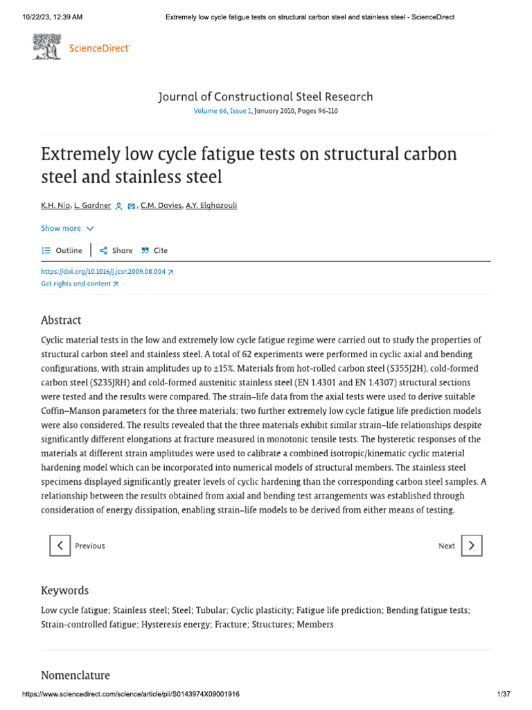 Extremely Low Cycle Fatigue Tests On Structural Carbon Steel and ...