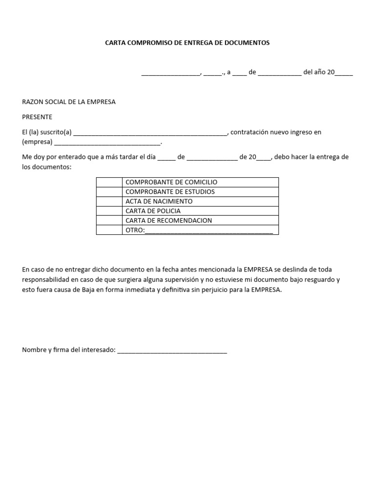 Carta Compromiso de Entrega de Documentos | PDF