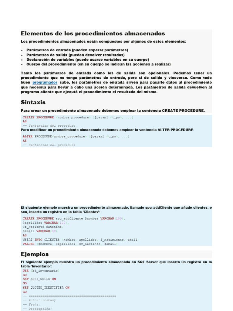 Elementos de Los Procedimientos Almacenados | PDF | SQL | Ciencias de la Computación