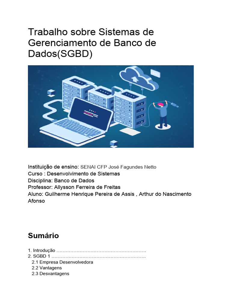 Trabalho Sobre Sistemas de Gerenciamento de Banco de Dados (SGBD) | PDF ...
