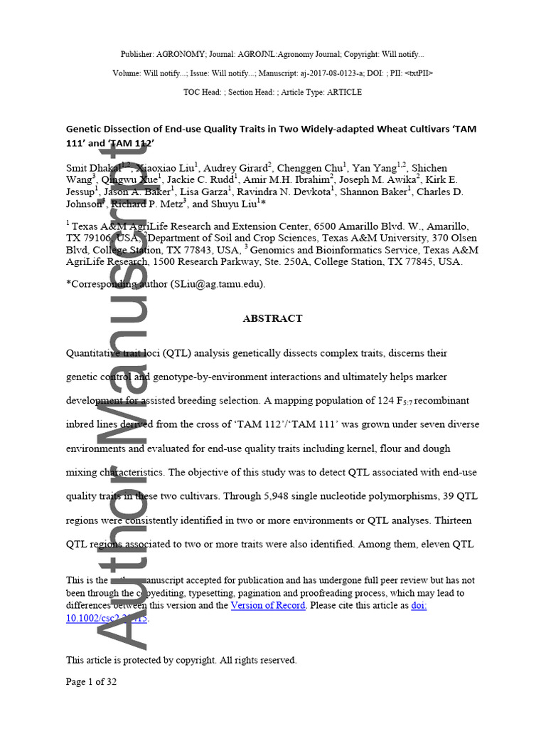 Genetic Dissection of End Use Quality TR | PDF | Quantitative Trait ... Genetic Dissection of End Use Quality TR | PDF | Quantitative Trait ...