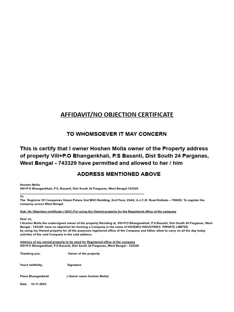 Affidavit/No Objection Certificate | PDF