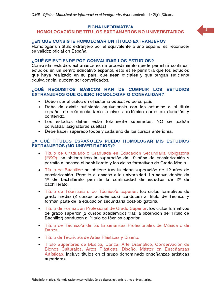 FICHA 14. HOMOLOGACION DE TITULOS NO UNIVERSITARIOS | PDF
