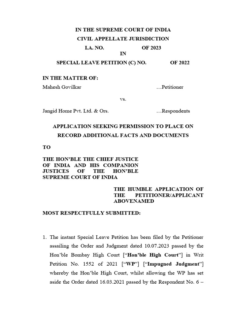 Application for Additional Documents in SLP | PDF | Political Law ...