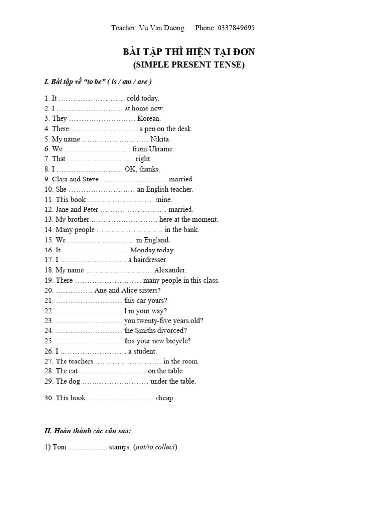 Tong Hop Bai Tap Thi Hien Tai Don Tieng Anh 6 | PDF | Home & Garden