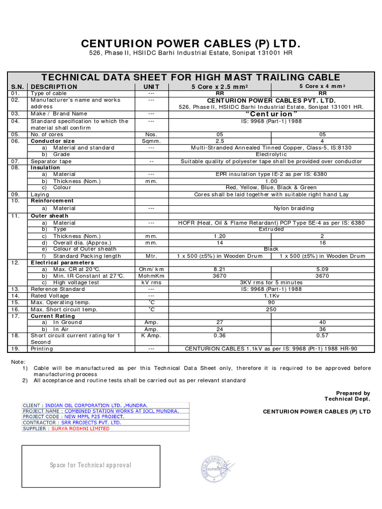 20.) GTP EPR High Mast Cables (5 C X 4 SQ MM & 5 C X 2.5 SQ MM) | PDF | Volt | Electrical ...
