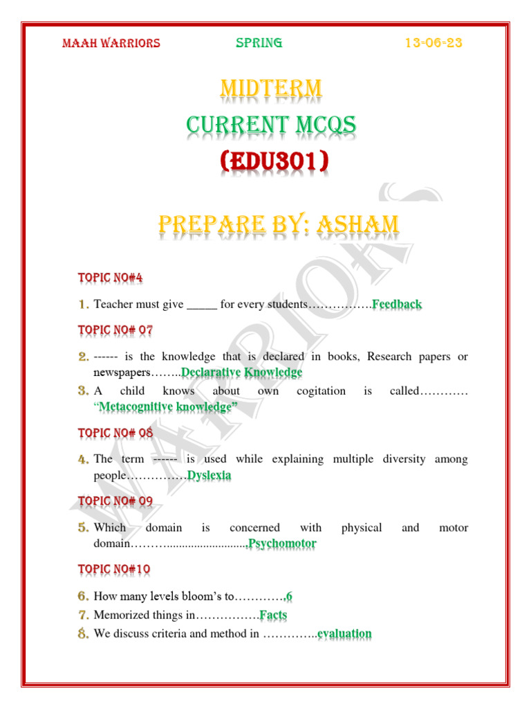 Edu301 Midterm Current File MCQ | PDF | Intelligence | Cognitive Psychology Edu301 Midterm Current File MCQ | PDF | Intelligence | Cognitive Psychology