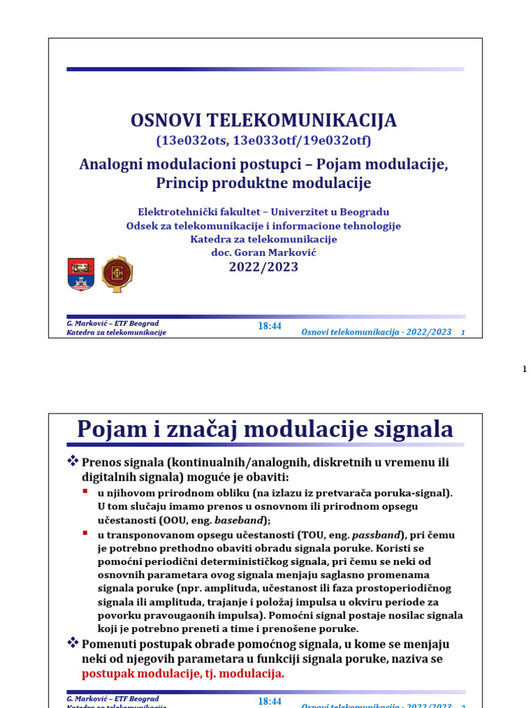 Osnovi Telekomunikacija - Predavanje - 3-1 - Pojam Modulacije - 2023 | PDF