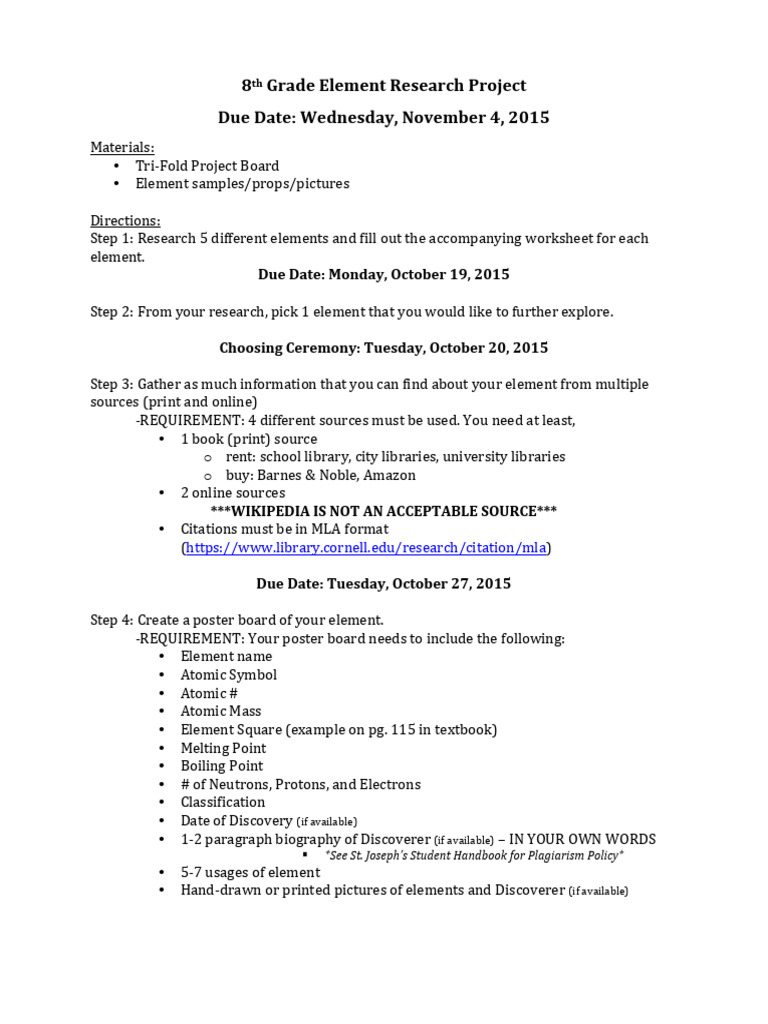 Element Research Project Directions Rubric MLA Guide | PDF | Chemical ...