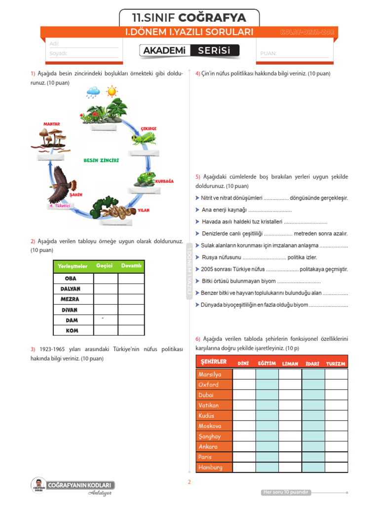 11 Sinif Cografya 1 Donem 1 Yazili 2022 2023 pdf202219649 | PDF