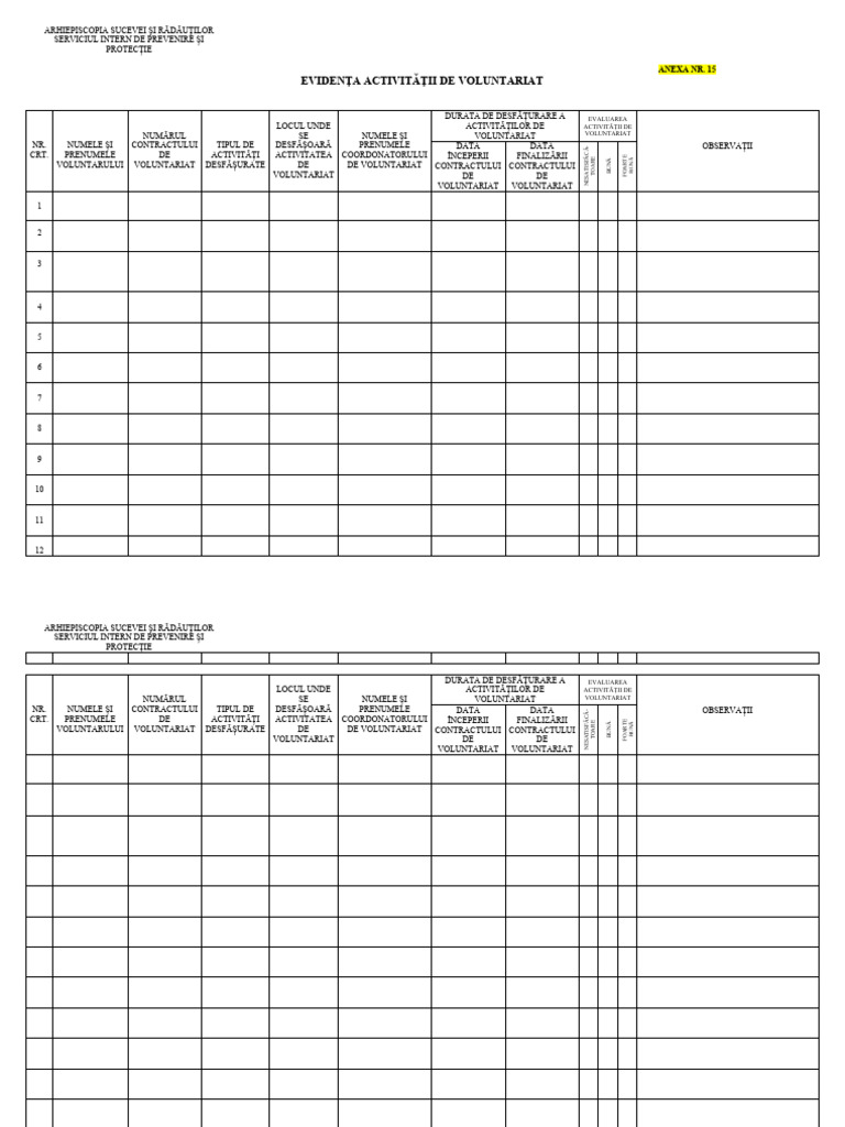 Anexa Nr. 15. Model de Registru de Evidenta A Voluntarilor | PDF