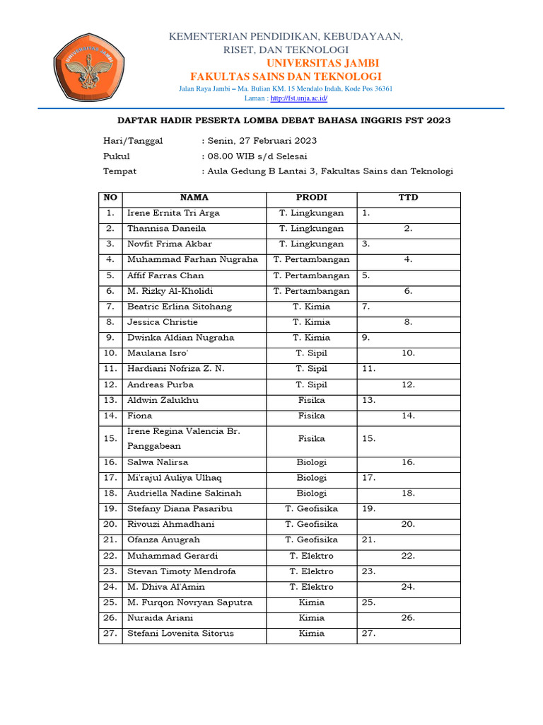 DAFTAR HADIR PESERTA LOMBA DEBAT BAHASA INGGRIS FST 2023 | PDF