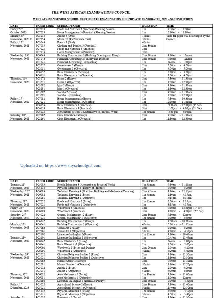 WAEC GCE Timetable 2023 Second Series | Download Free PDF | Technical ...